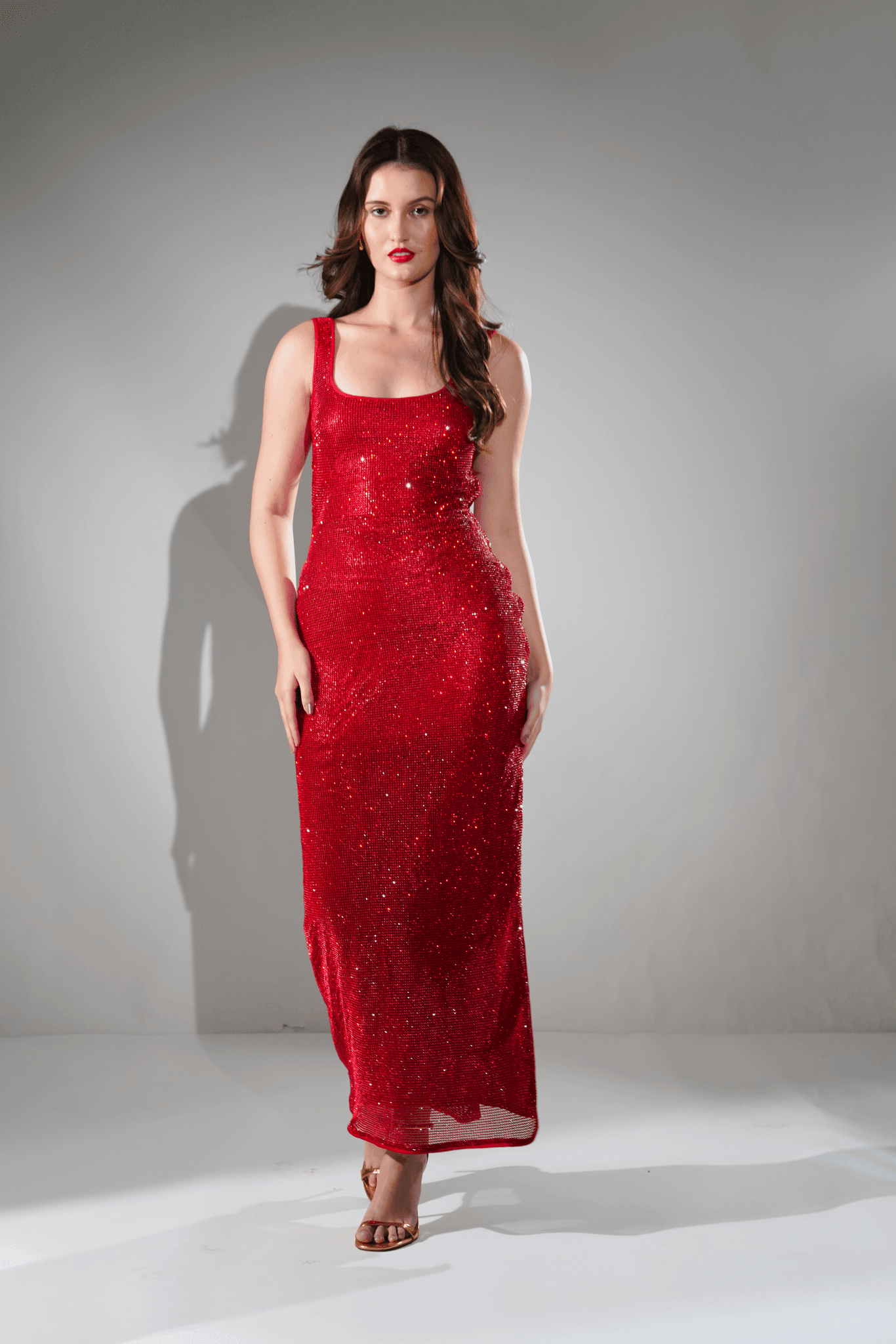 MIDNIGHT RED CHAINMAIL METALLIC MAXI DRESS